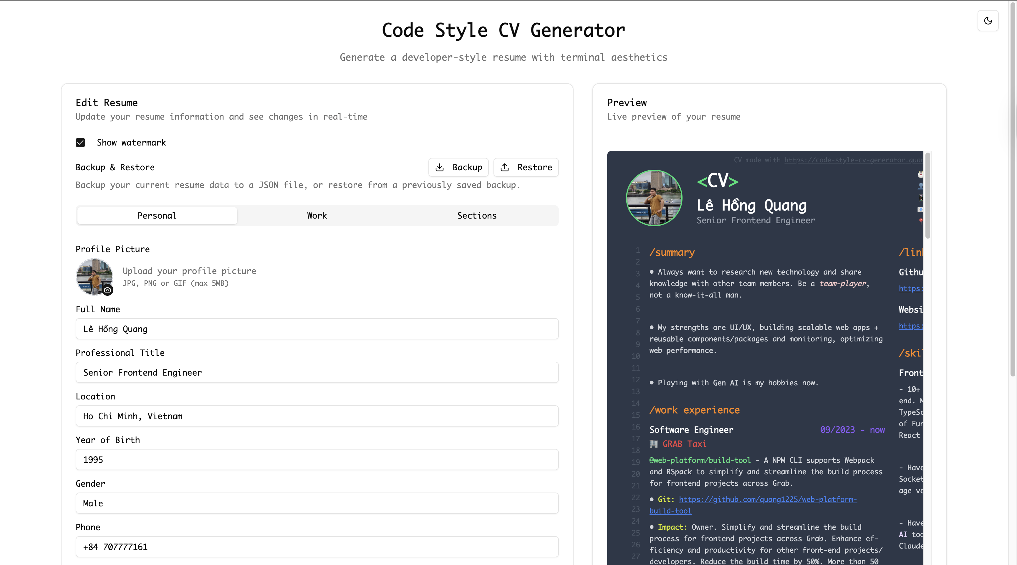 CV Generator - Projects Portfolio | Le Hong Quang - Software Engineer